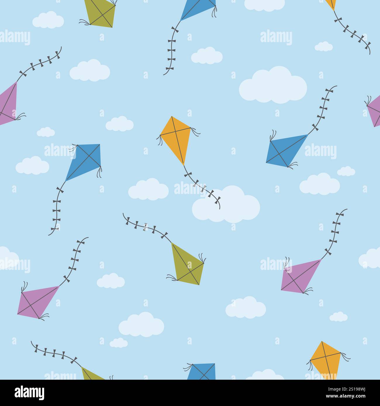 Cute kites background and clouds in the sky. Seamless pattern with ...