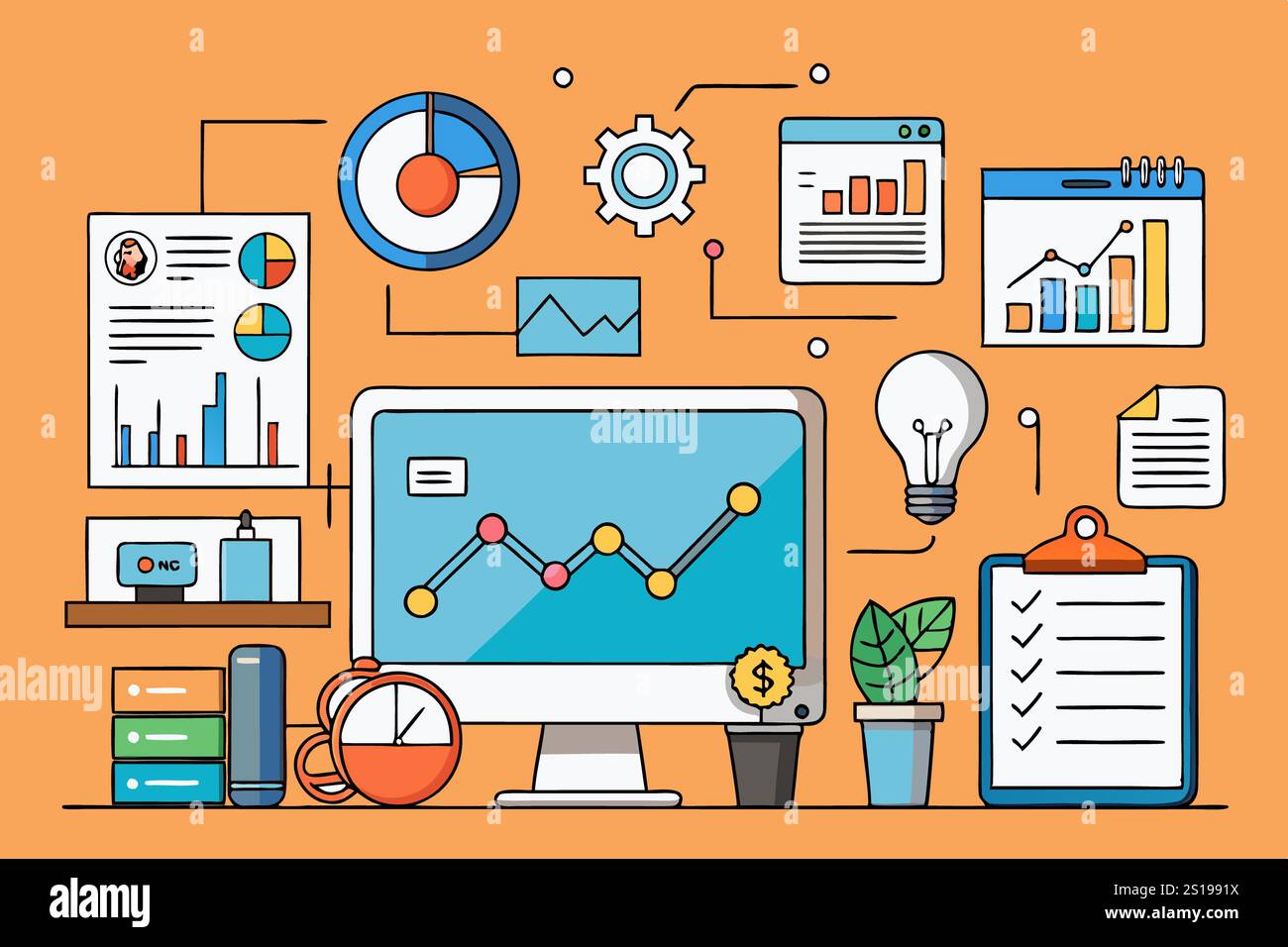 Data driven office environment featuring digital charts, graphs, and tools for analytics and ...