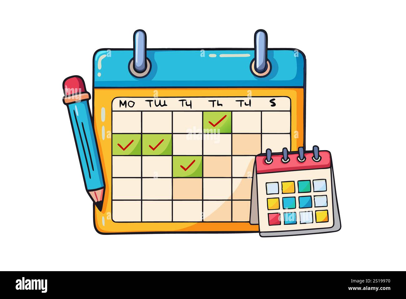 Illustrative desk calendar with checklist and colorful markings ...