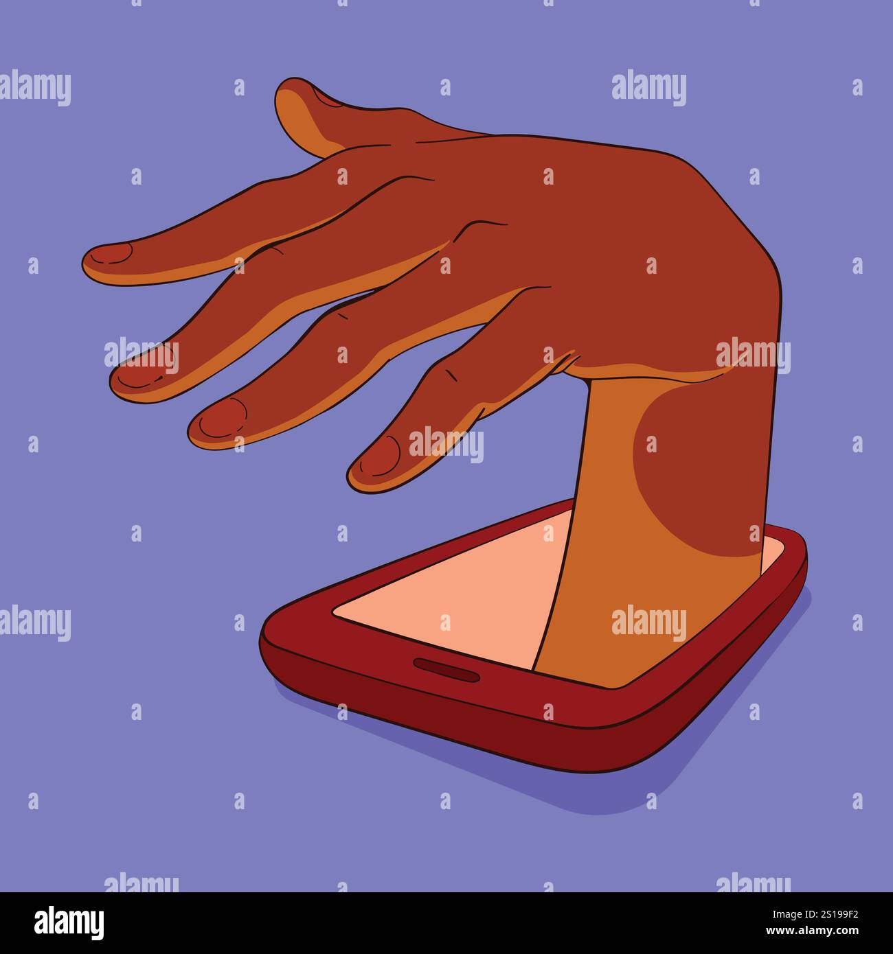 A hand comes out from mobile screen vector. Mobile Phone addiction ...
