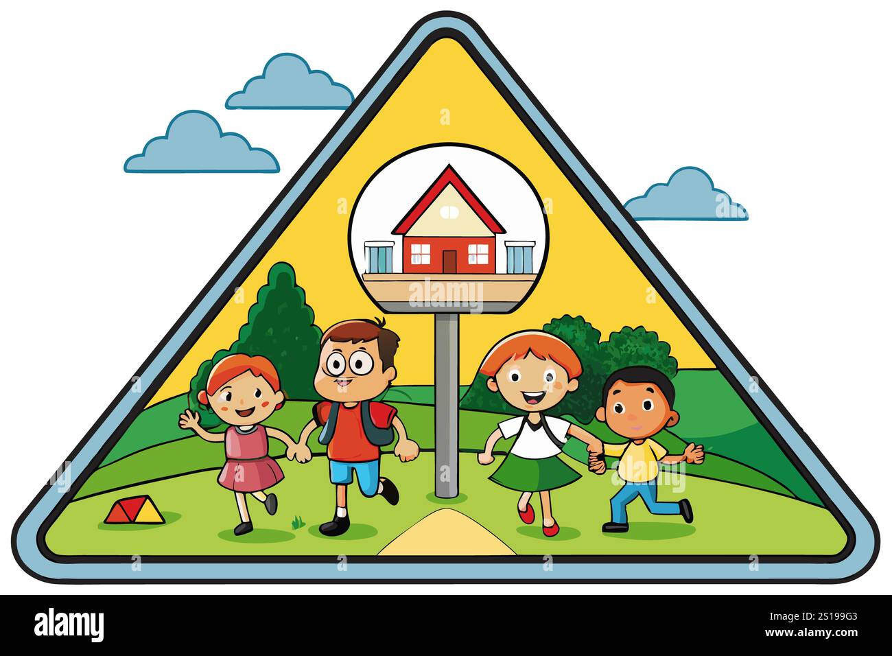 Bright and playful school zone sign illustration featuring children in ...