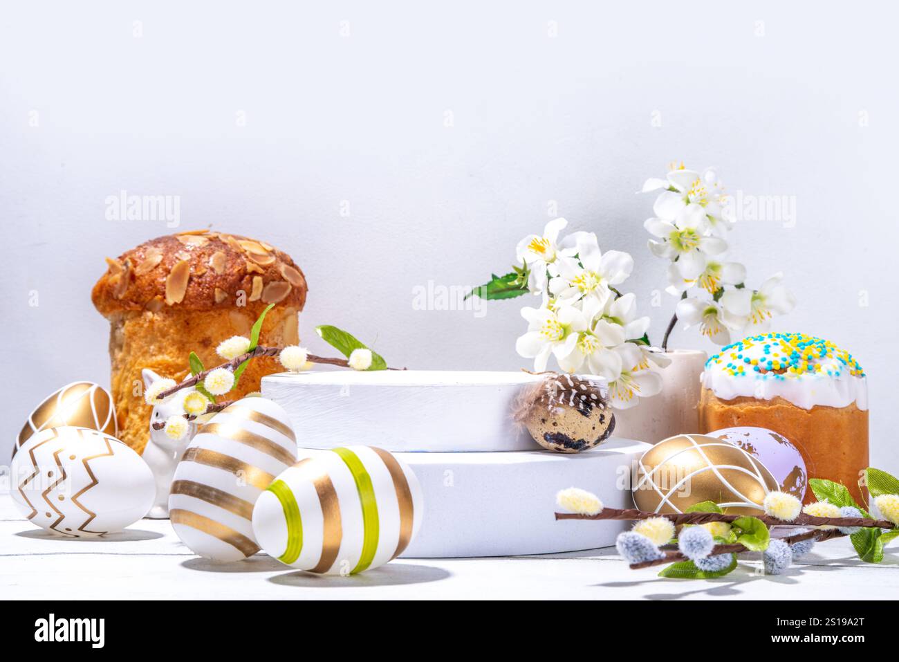 Happy Easter background with Easter eggs, panettone, spring flowers and ...
