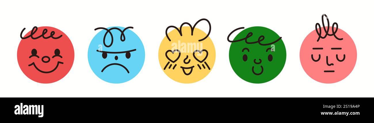 Feelings symbols emojis doodle flat color vector icon set. Online ...