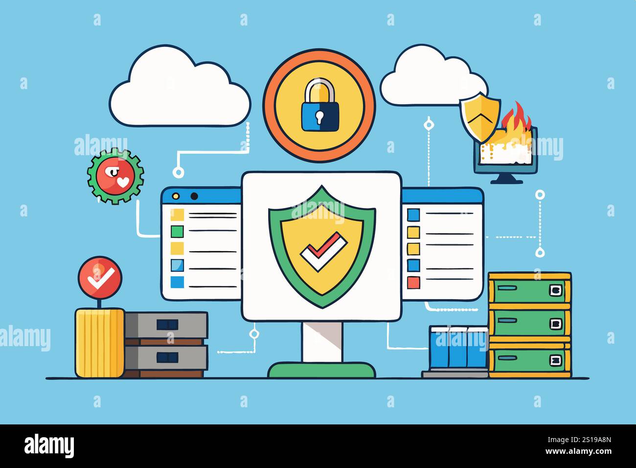 Flat design cybersecurity illustration with firewalls, security shields ...