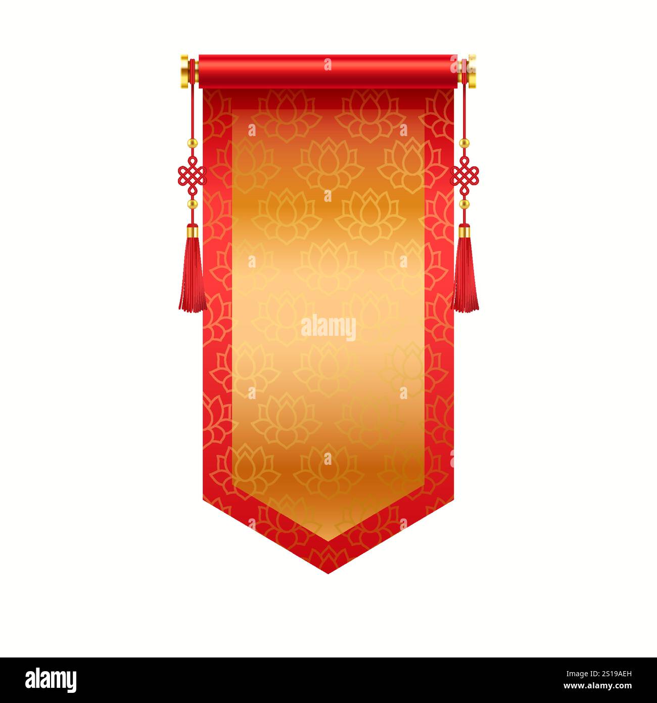 Festive Asian pennant with golden frame and lotuses realistic vector ...