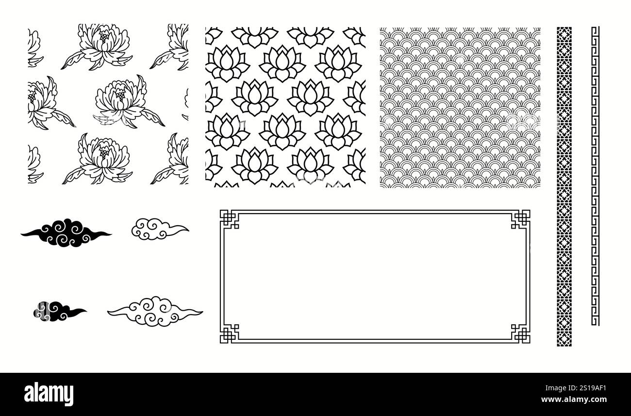 Traditional Asian patterns borders and frame linear illustration collection. Chinese culture ...