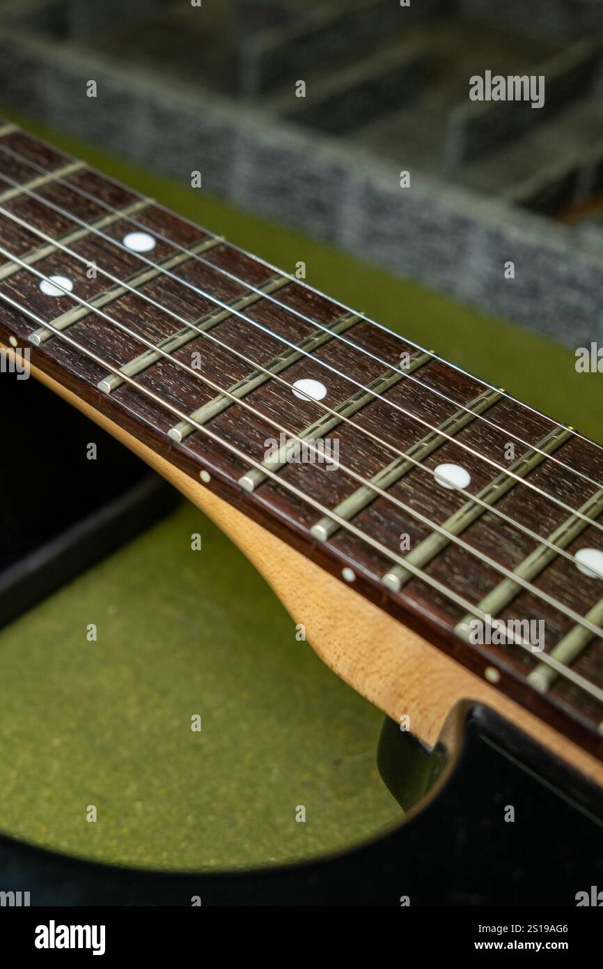 detail of the neck of an electric guitar, the pickup and the strings ...