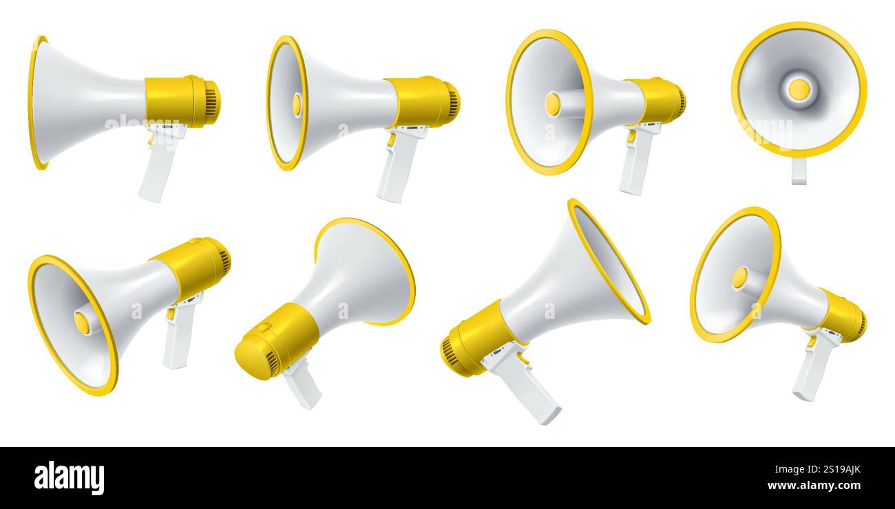 Loudspeakers with yellow decor realistic vector illustration set. Megaphones announcing ...