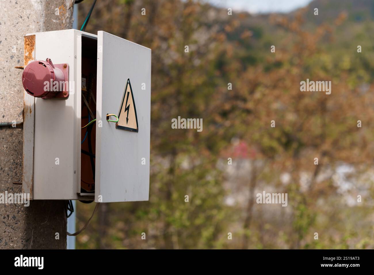 Electrical Control Box with Warning Sign in a Natural Setting Stock ...