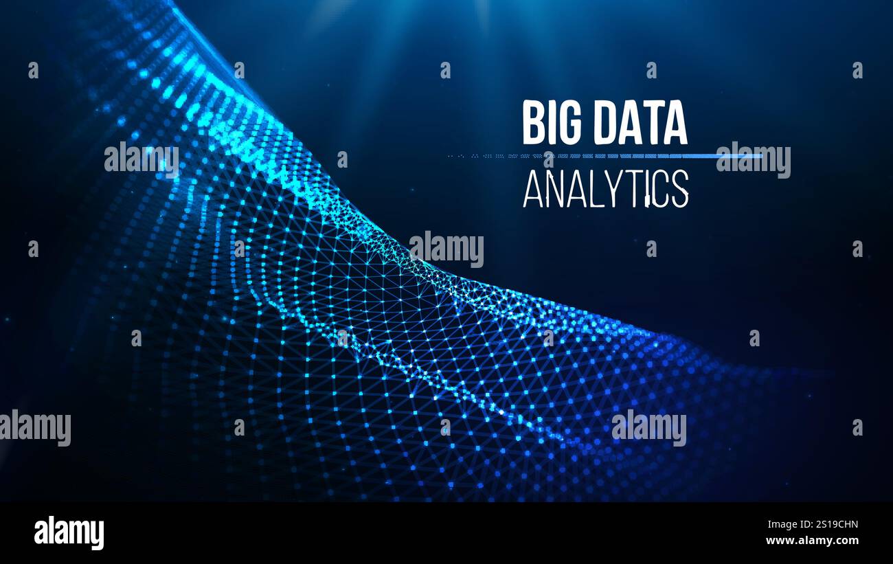 Big data visualization with a dynamic blue grid. Data connect dots ...