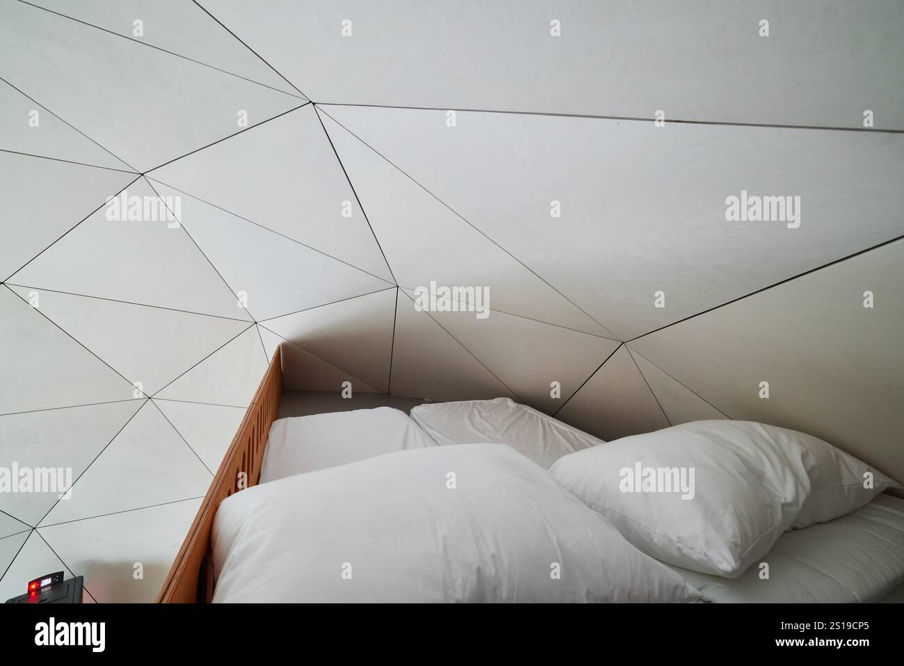 This modern bedroom features a unique geometric ceiling that enhances ...