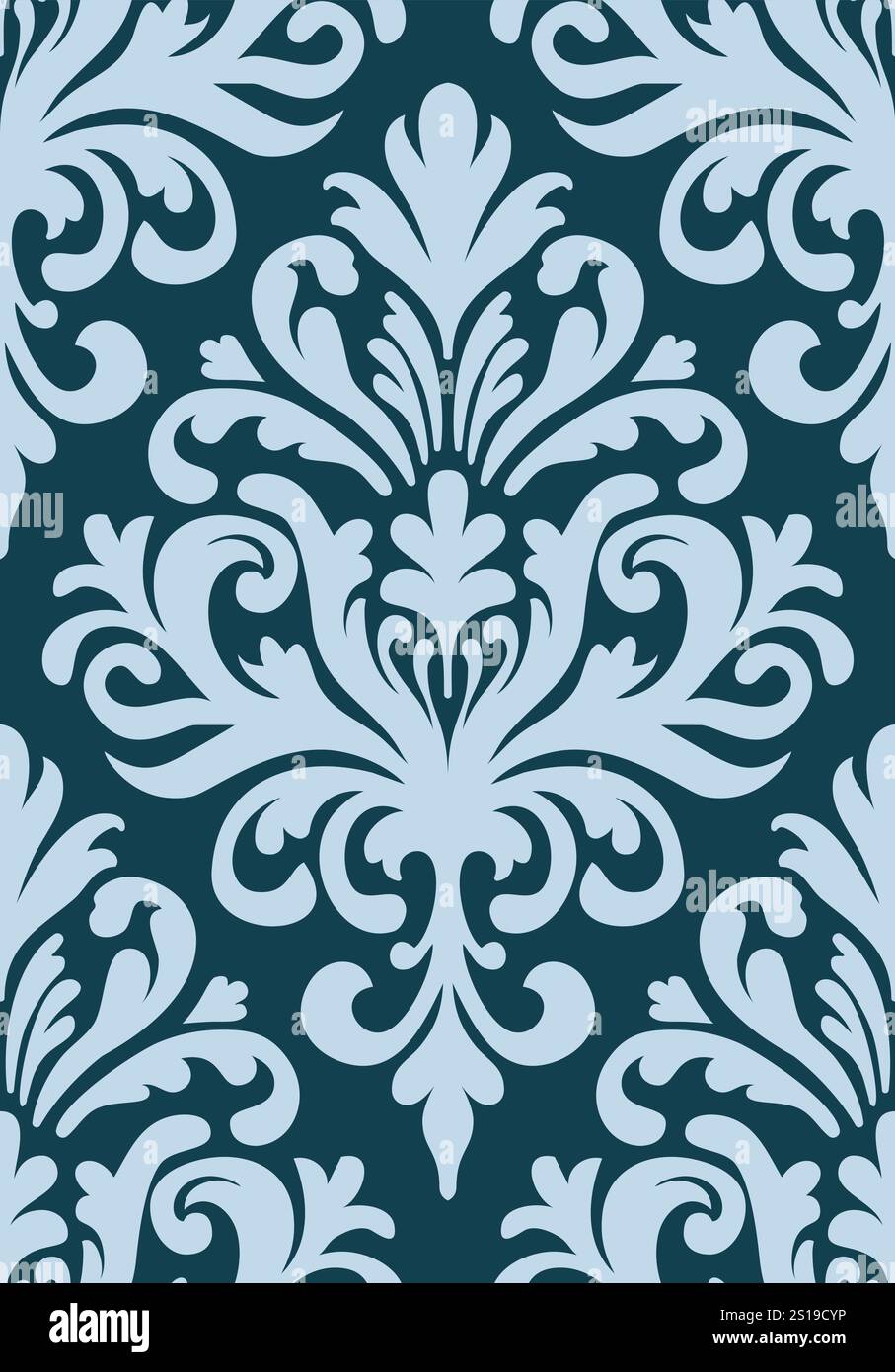 Blue and light blue damask pattern with symmetrical floral design ...