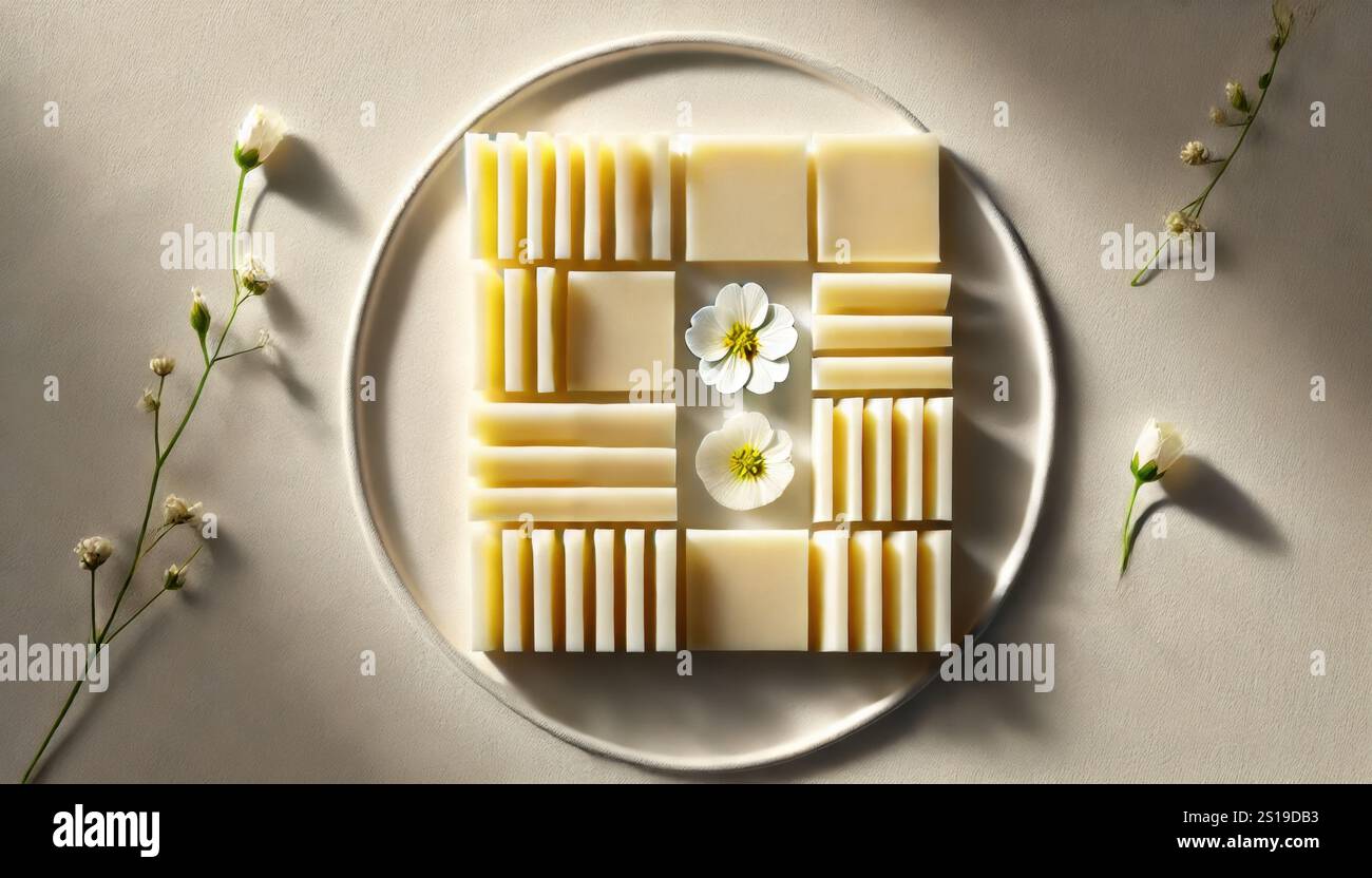Minimalist arrangement of diced and sliced cheese on white background ...