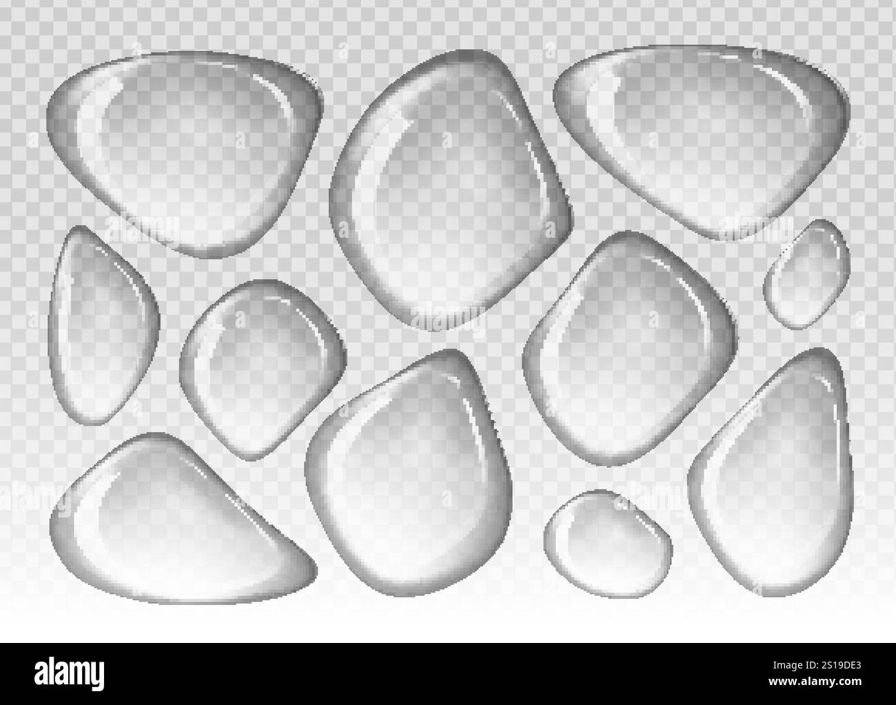 Isolated glossy water droplets on a checkered transparent background ...