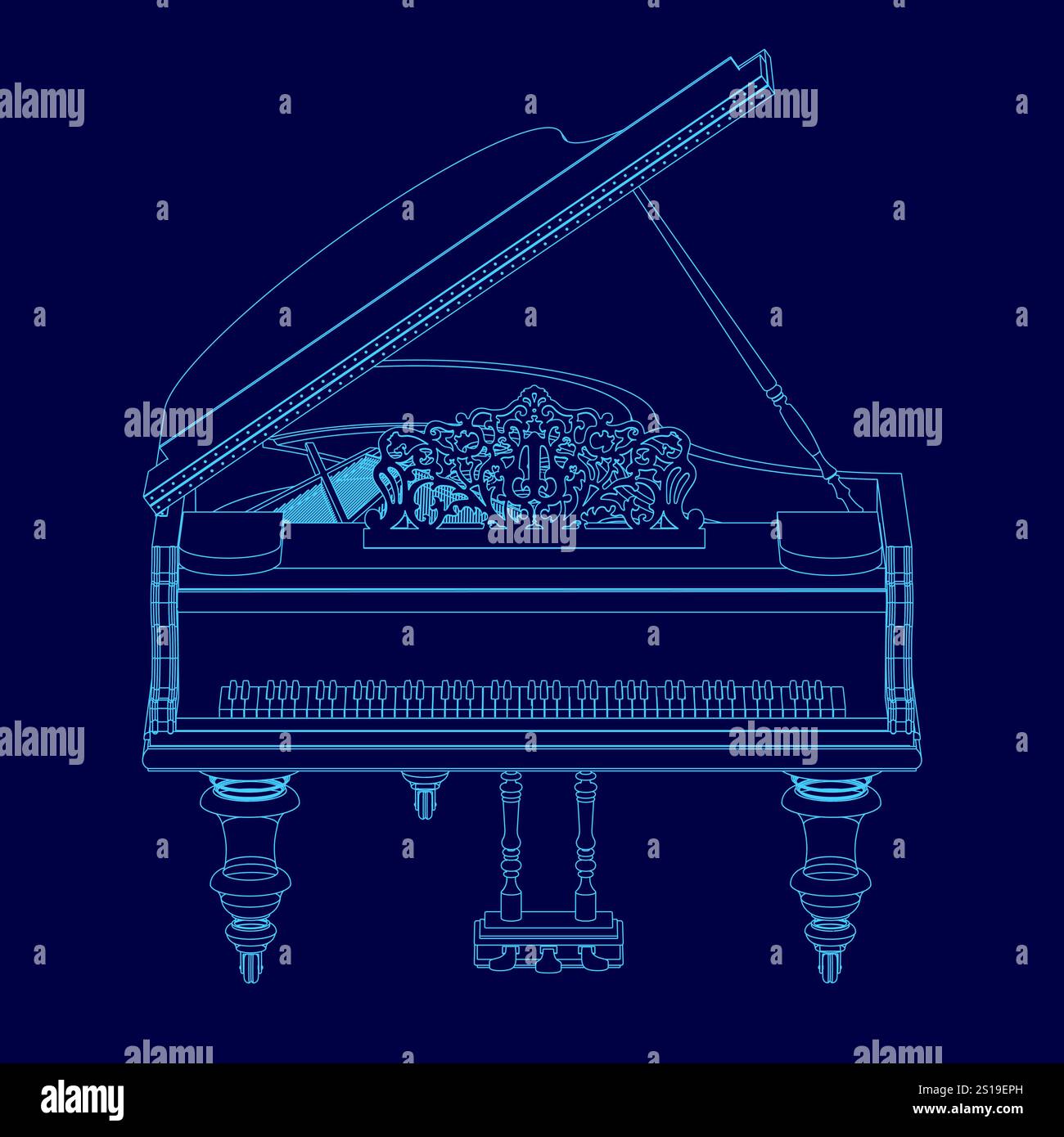 Blue piano design is shown in the image. The piano is open, revealing ...