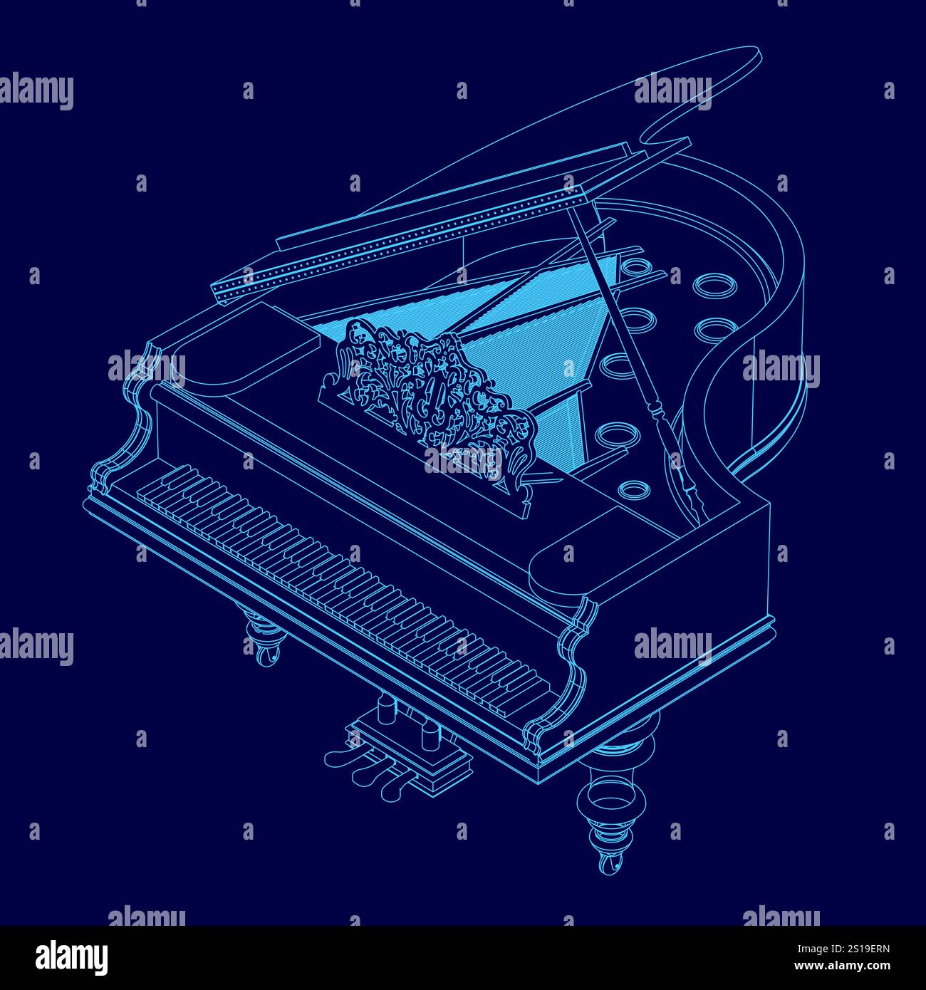 Blue piano with a keyboard and a lid. The piano is a grand piano, which ...