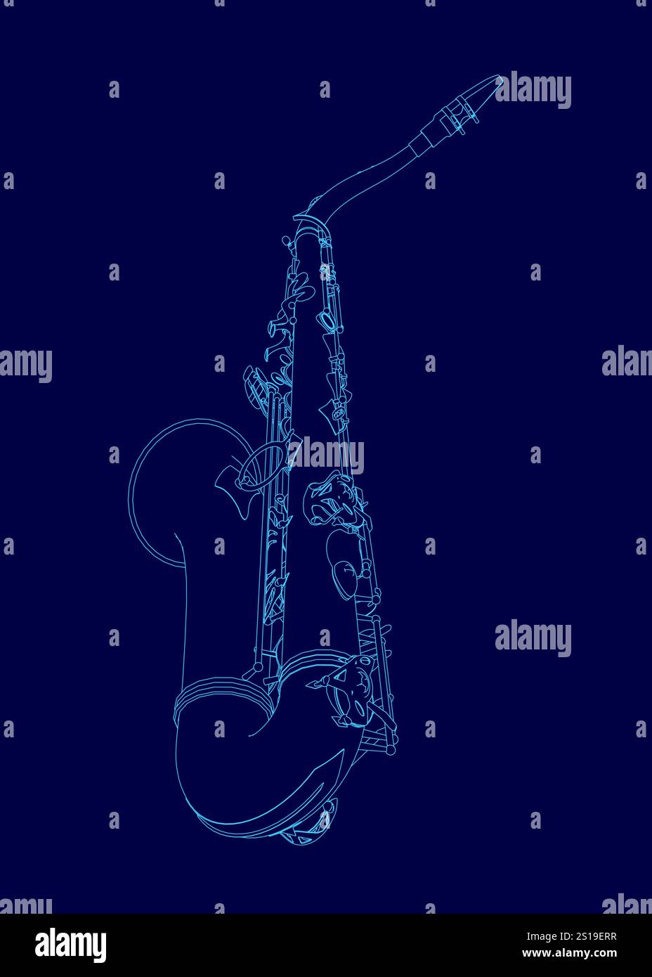 Blue drawing of a saxophone. The saxophone is shown in a stylized way ...
