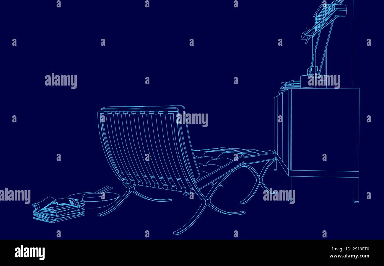 Blue chair with a frame is shown in a dark room. The chair is the main ...