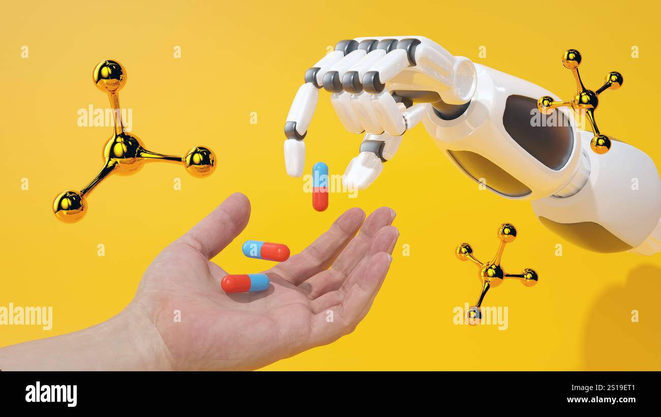 Robotic and human hands reaching for pills, floating molecules, yellow ...