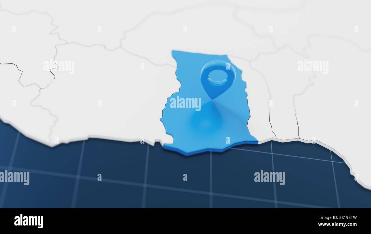 Blue Ghana 3d map with pointer pin surrounded with other countries in ...