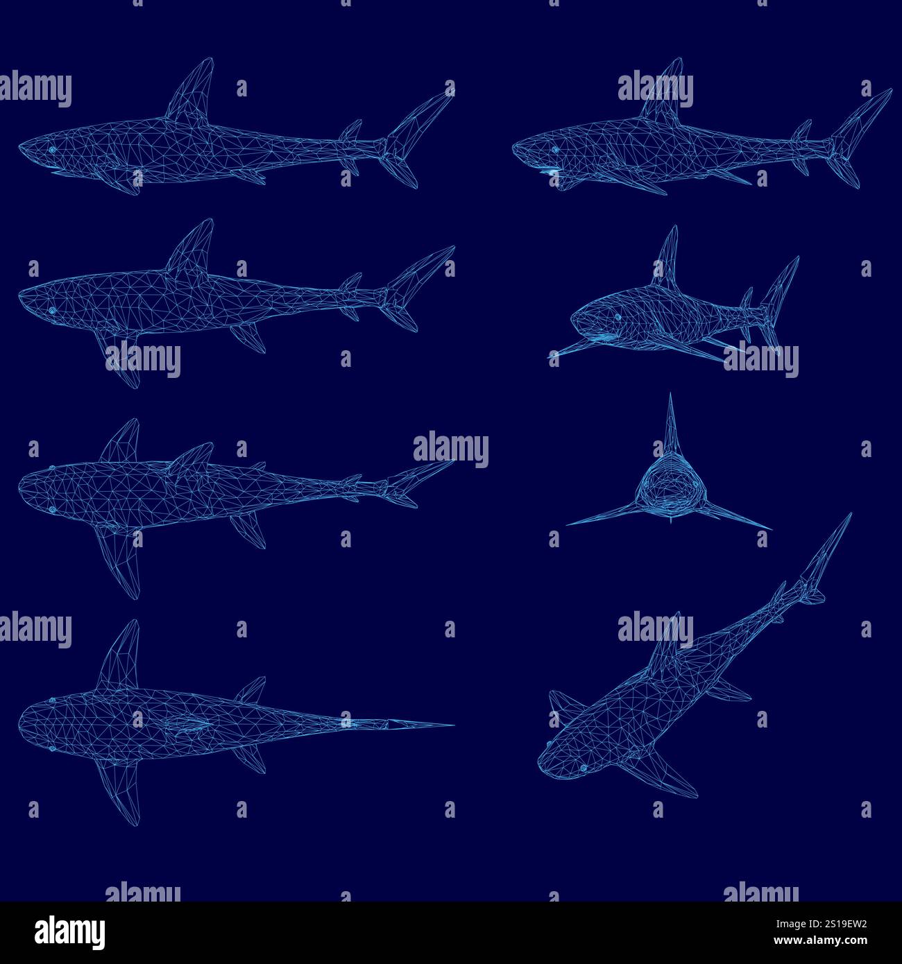 Series of blue images of sharks. The images are all different sizes and ...