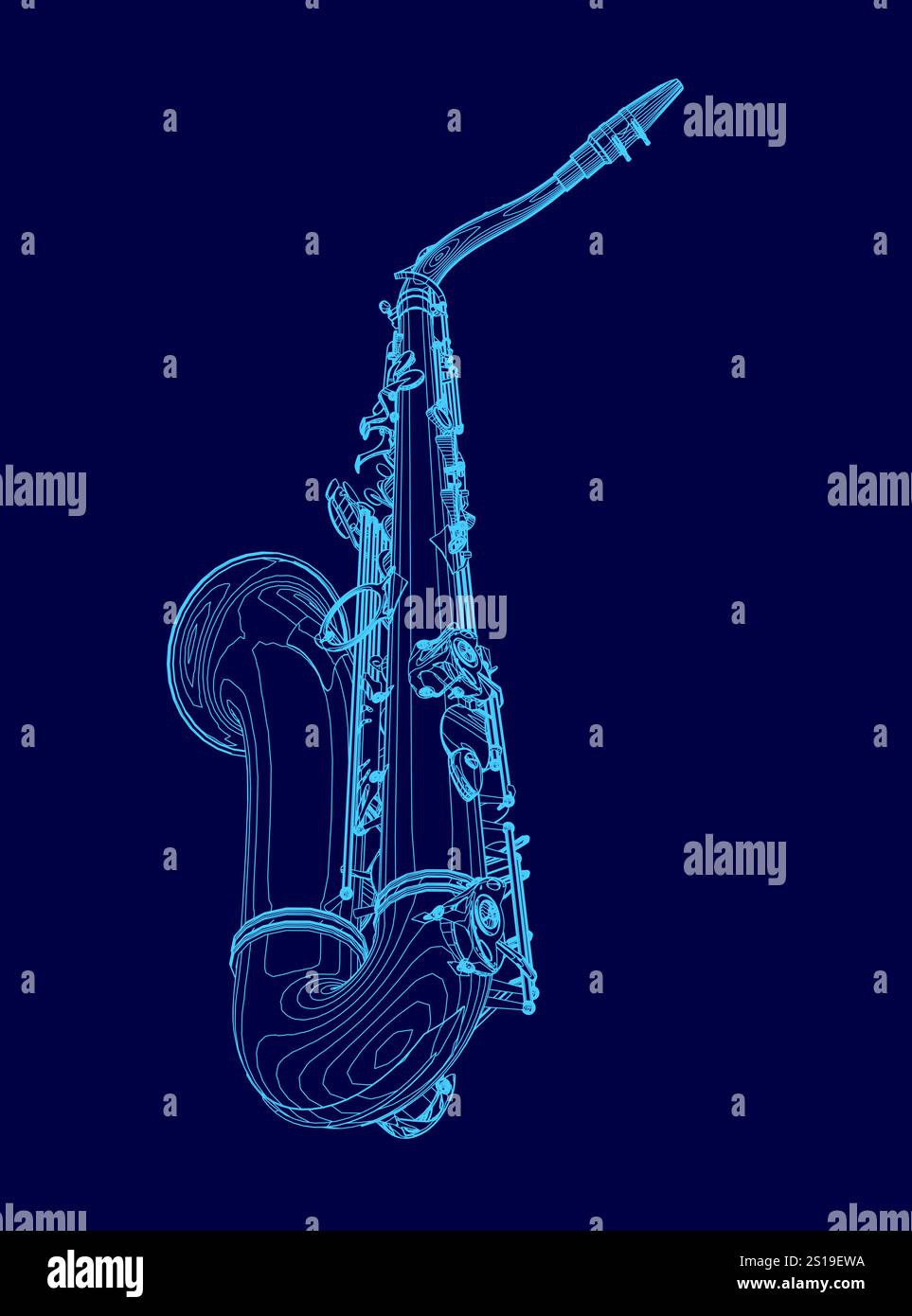 Blue drawing of a saxophone. The saxophone is shown in a stylized way ...