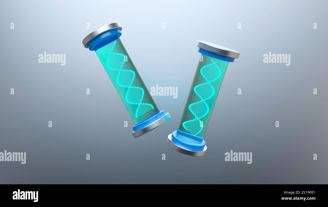 Dna helix, glowing cyan, transparent test tubes, metallic caps ...
