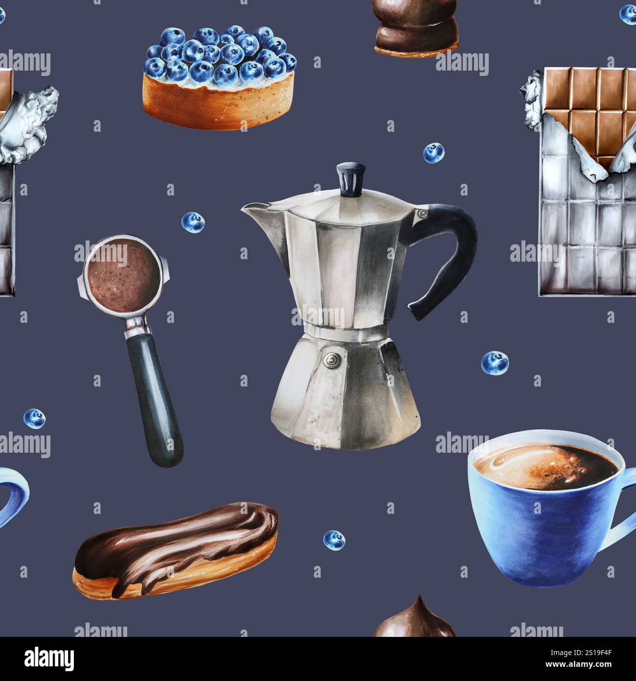 Seamless pattern with chocolate bar in ripped open foil, geyser coffee ...
