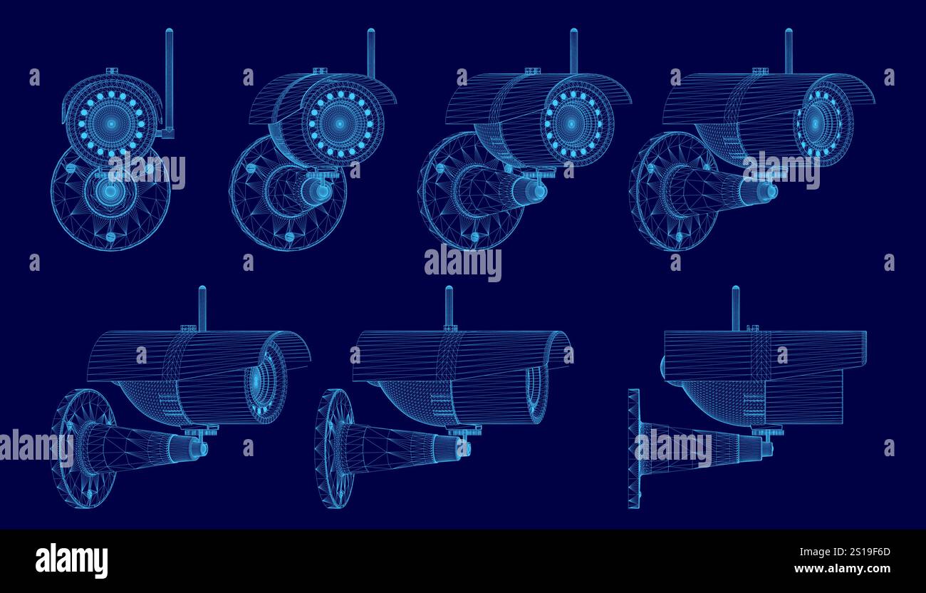Series of blue images of security cameras. The images are all different ...