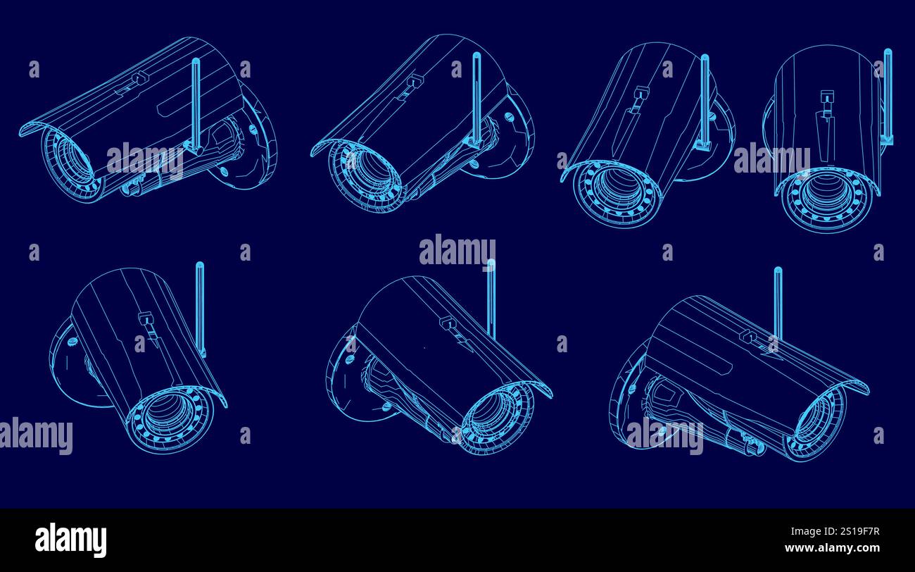 Series of blue images of a security camera. The images are all ...