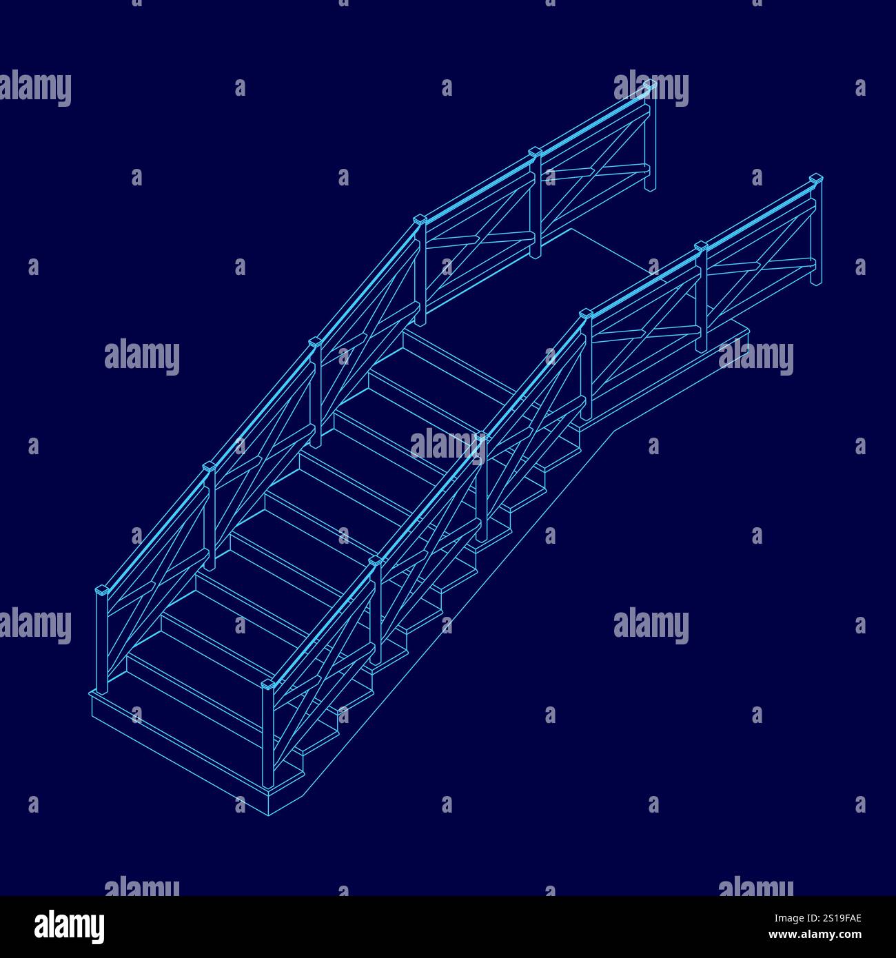 Blue staircase with wooden railings. The stairs are shown in a 3D ...