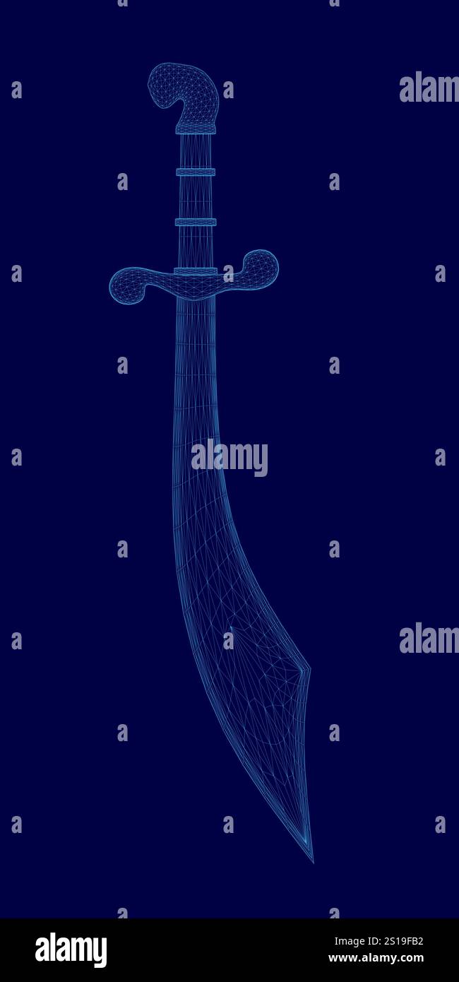 Sword is shown in a blue background. The sword is long and has a blue ...