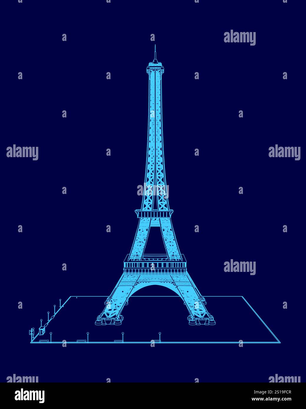 Blue drawing of the Eiffel Tower. The tower is tall and has a pointed ...