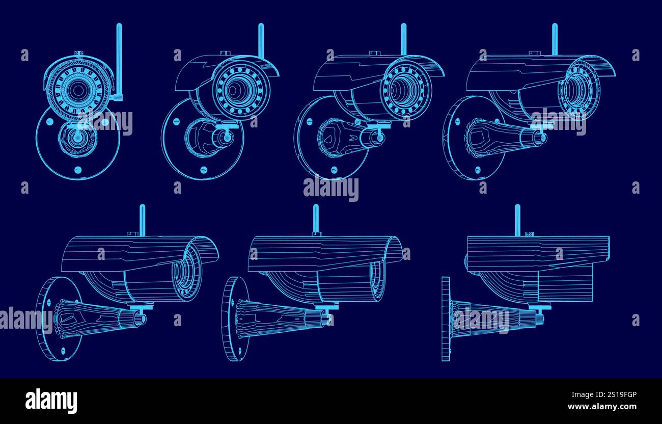 Series of blue images of security cameras. The images are all different ...