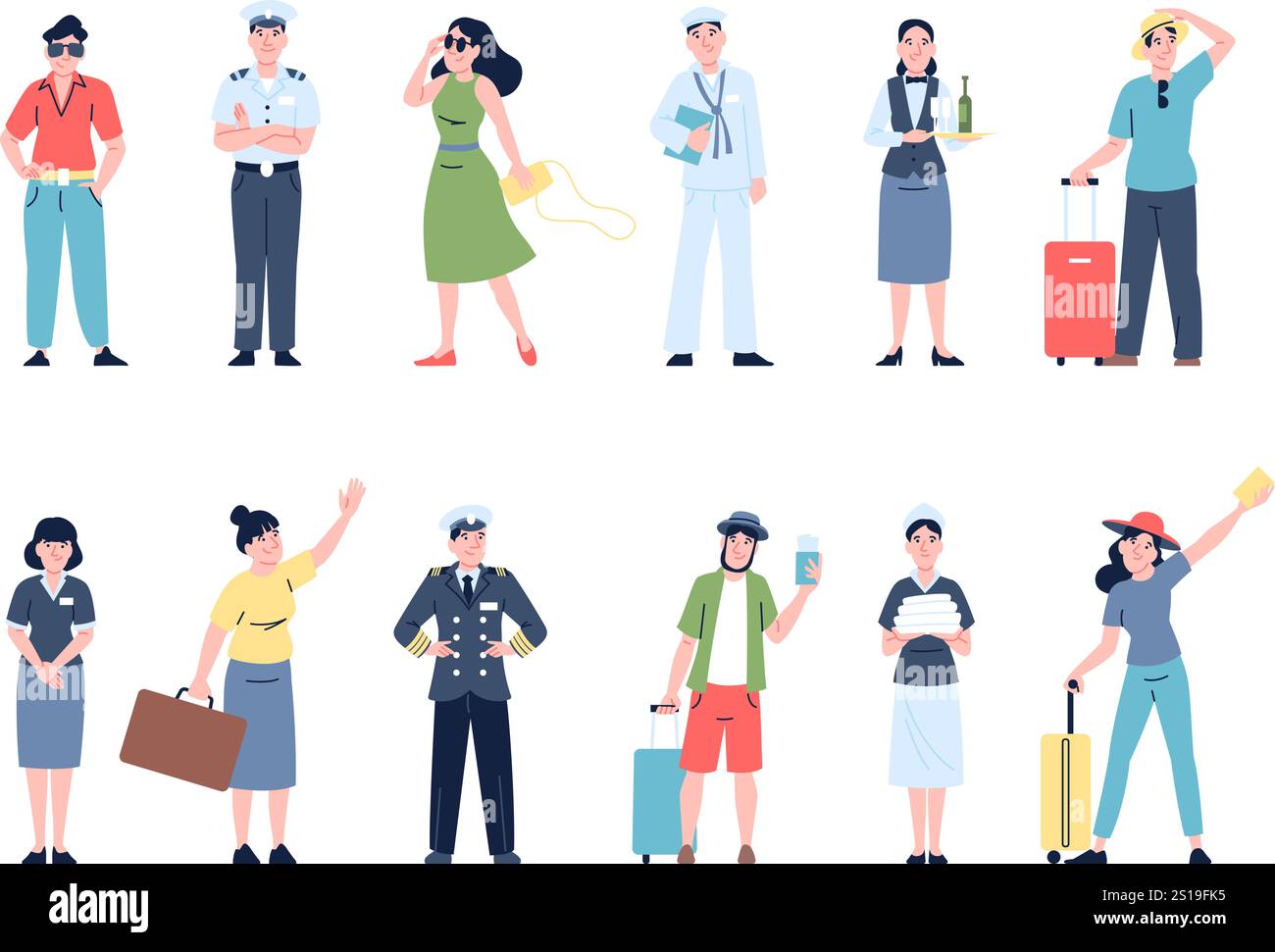 Ship travel characters. Yacht crew, service workers and travellers with ...