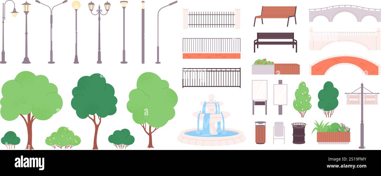 City park elements. Urban green zone objects, street lamps benches ...
