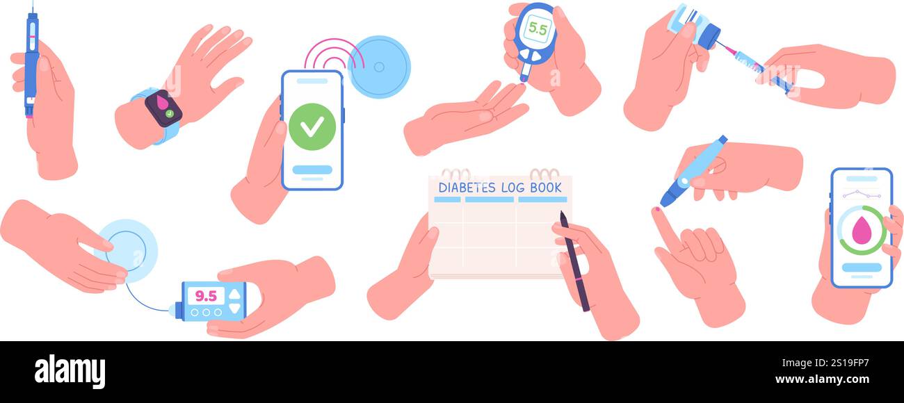 Diabetes management. Human holding different medicine equipment and ...