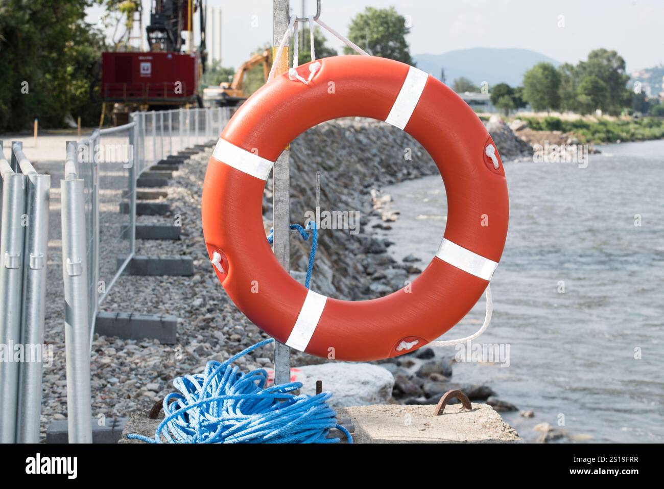 life belt with warning sign on risks and hazards in seafaring and ...