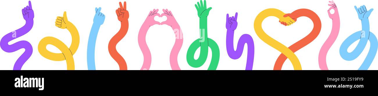 Long cartoon hands. Flexible cartoon hand show different positive ...