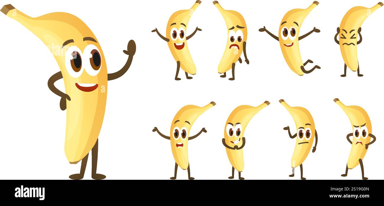 Banana characters. Cartoon bananas different poses and emotions. Funny children mascots ...