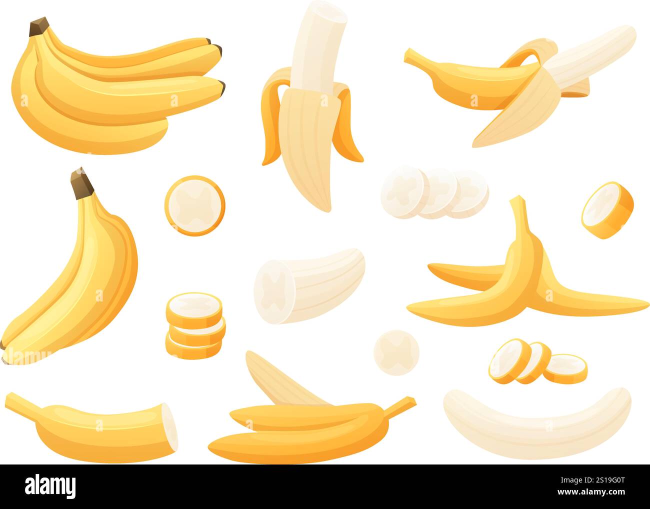 Cartoon bananas. Yellow banana in peel, cut slices and ready to eat ...