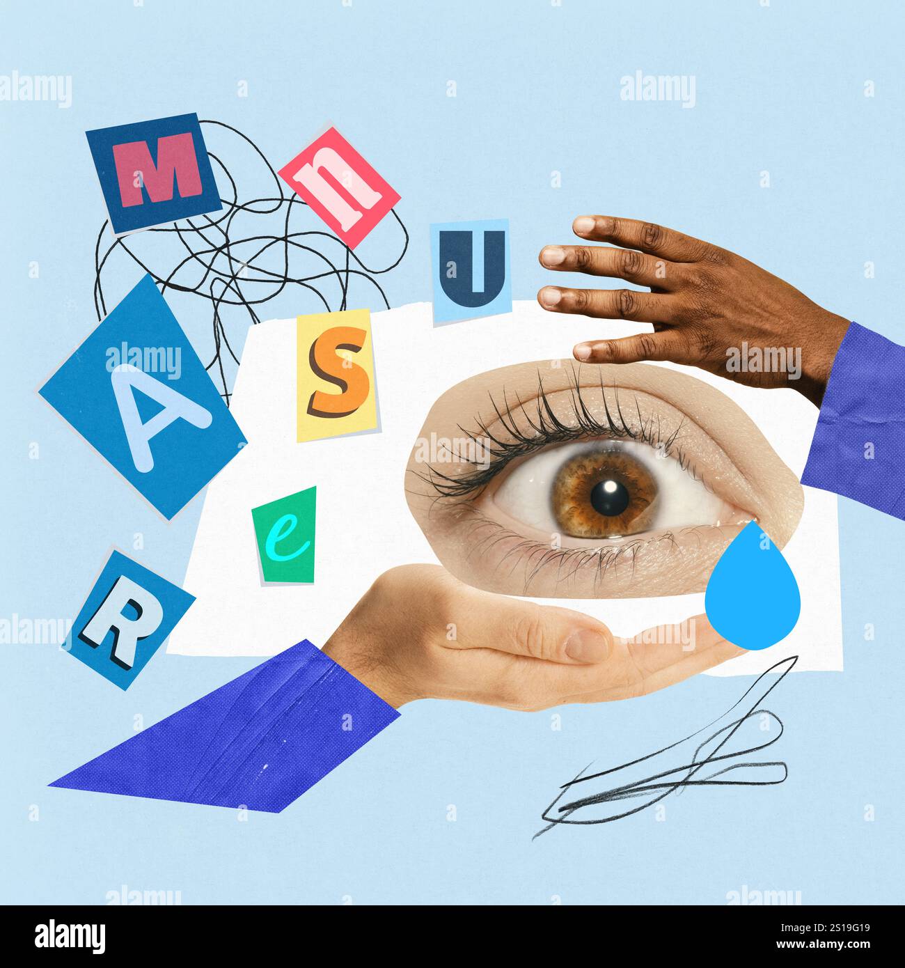 Conceptual collage of an eye being held by hands with colorful ...