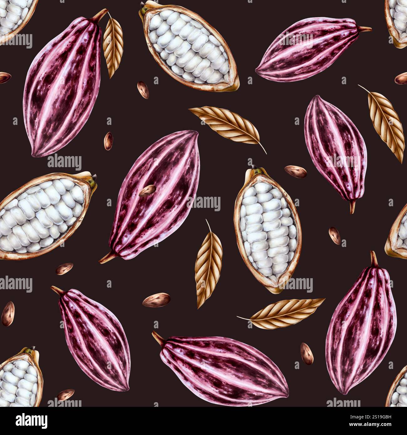 Seamless pattern with watercolor open cocoa pod, fruits and dry leaves ...