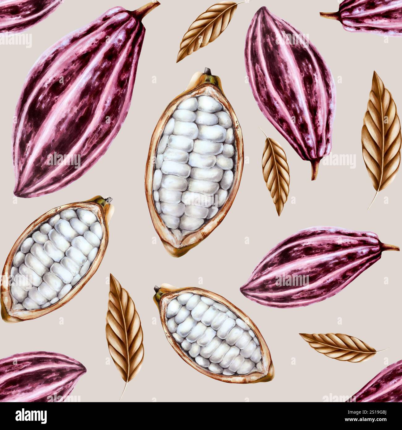 Seamless pattern with watercolor open cocoa pod, fruits and dry leaves ...