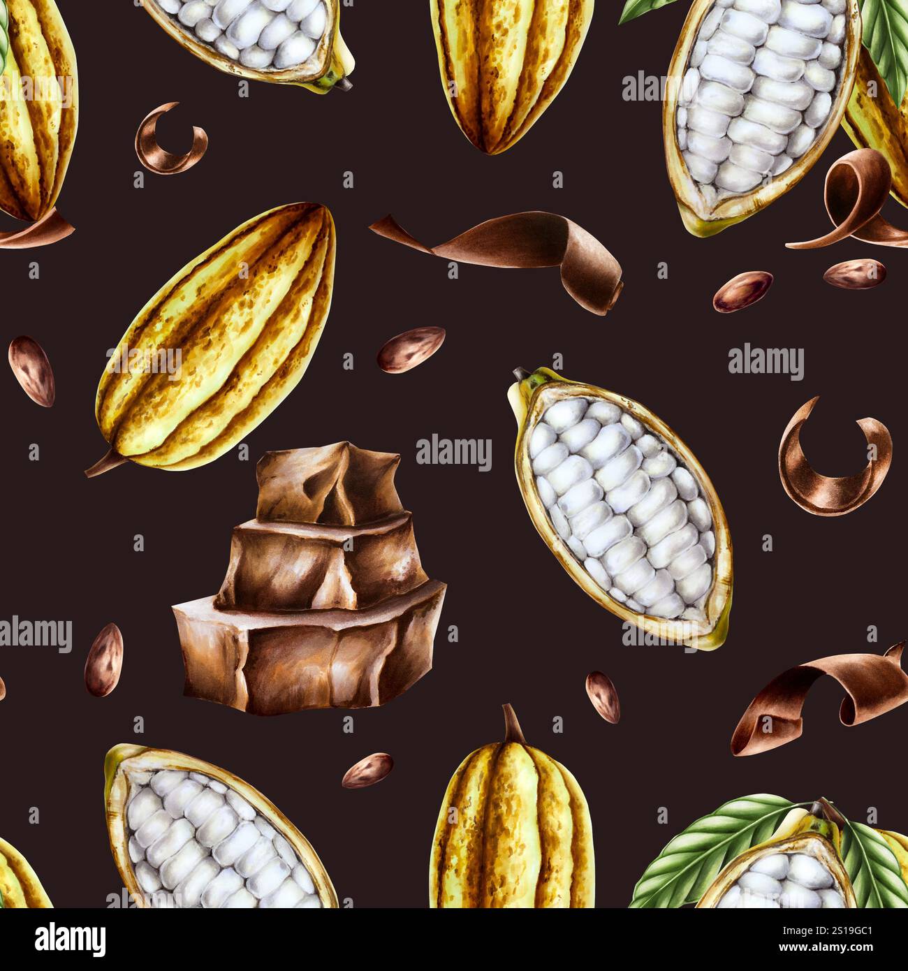 Seamless pattern with stack pieces of chocolate, open cocoa pod, fruit ...