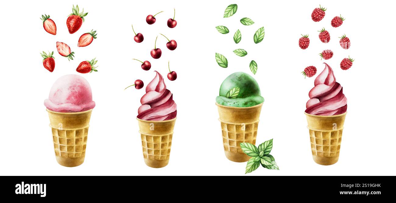 Set of ice creams with flying berries, mint in crispy waffle cone ...