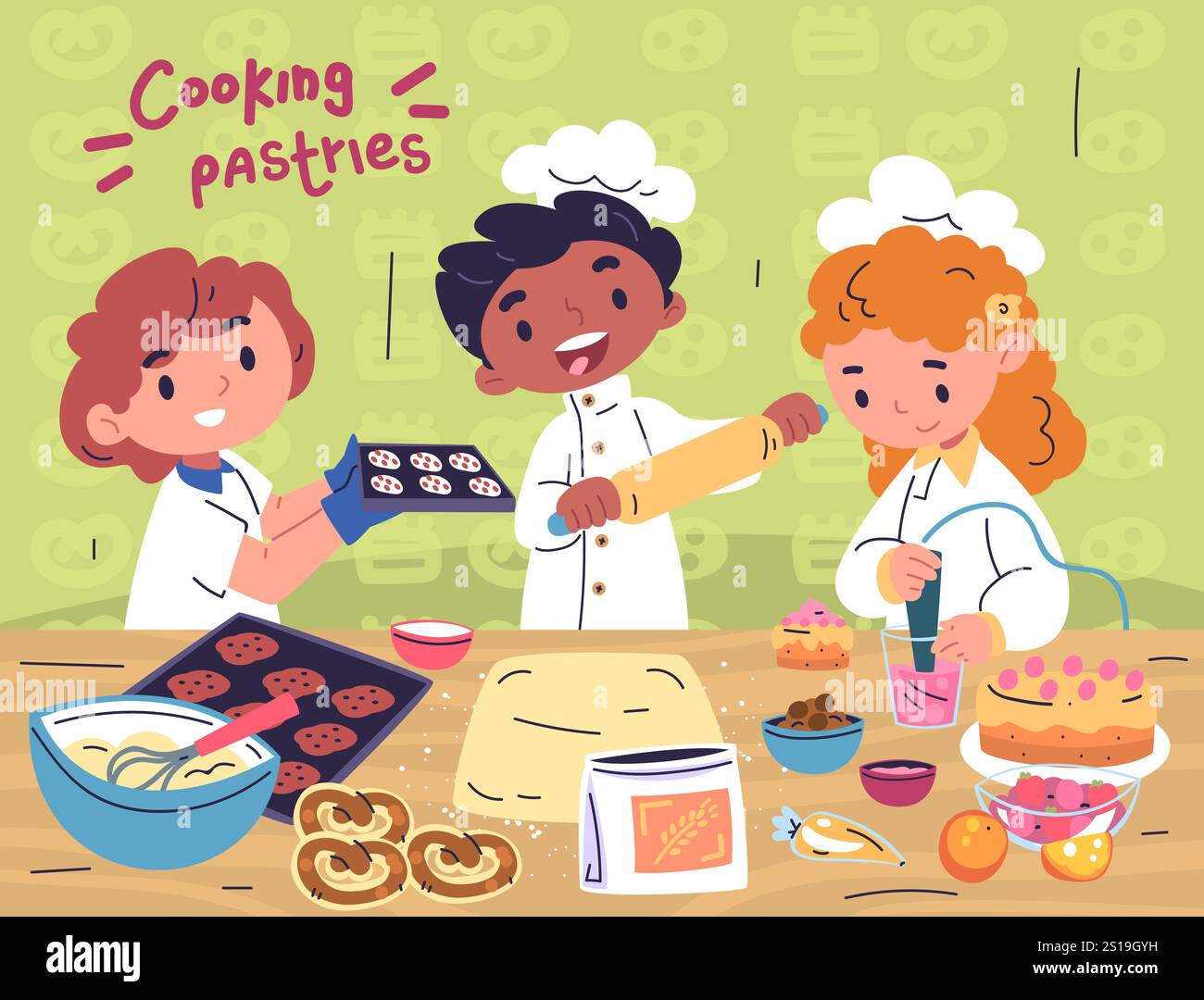 Kids cooking together. Children making baking in home kitchen interior ...