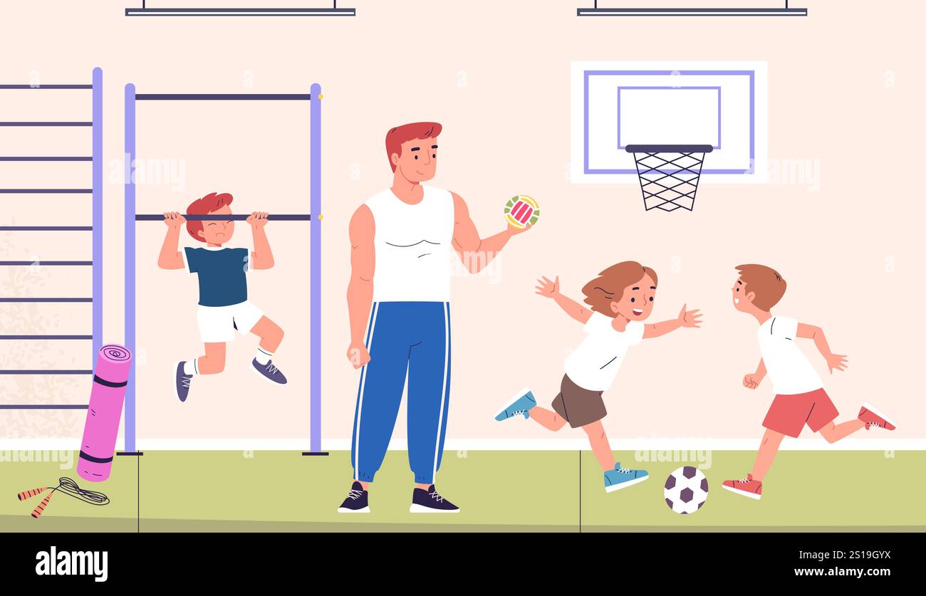 Child gym class. School physical education baby children group with ...