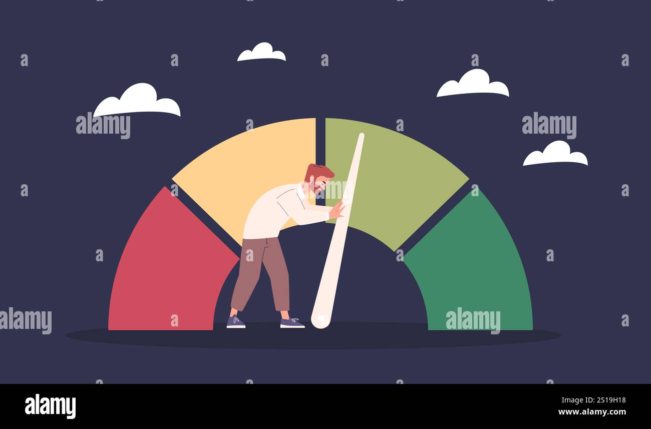 Score control. Man push performance gauge, credit rating level customer ...