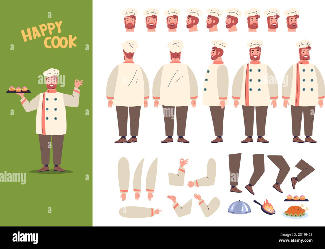 Chef animation. Chief cook character creation kit, man in hat apron ...